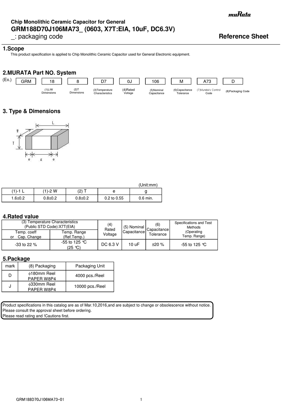 MURATA GRM188D70J106MA73 SERIES REFERENCE SHEET Pdf Download | ManualsLib