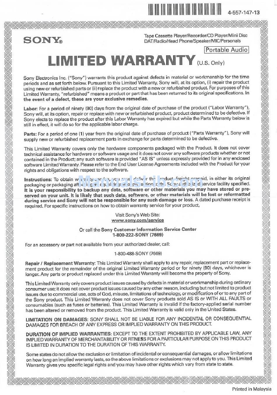 SONY ICD-SX750 - DIGITAL FLASH VOICE RECORDER LIMITED WARRANTY Pdf ...