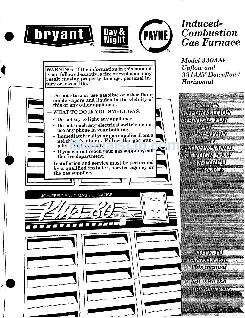 BRYANT 330AAV USER'S INFORMATION MANUAL FOR OPERATION AND MAINTENANCE ...