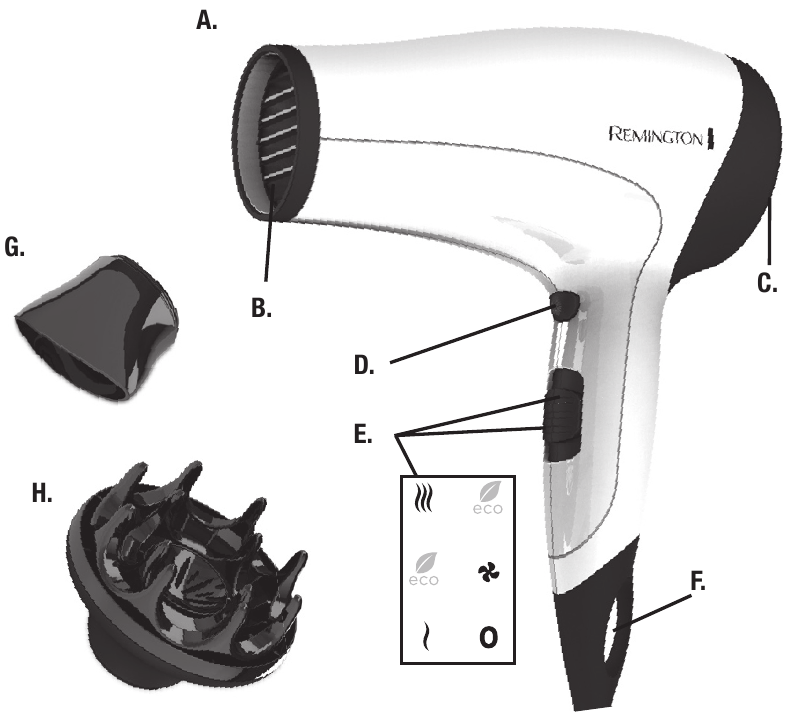 Remington D3015, D3019, D3015B, D3015R, D3017 - Hair Dryer Manual | ManualsLib