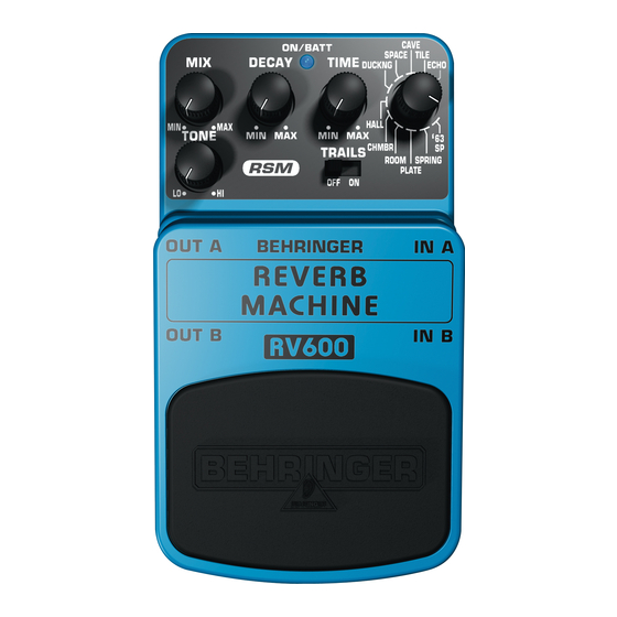 BEHRINGER REVERB MACHINE RV600 MUSIC PEDAL USER MANUAL | ManualsLib